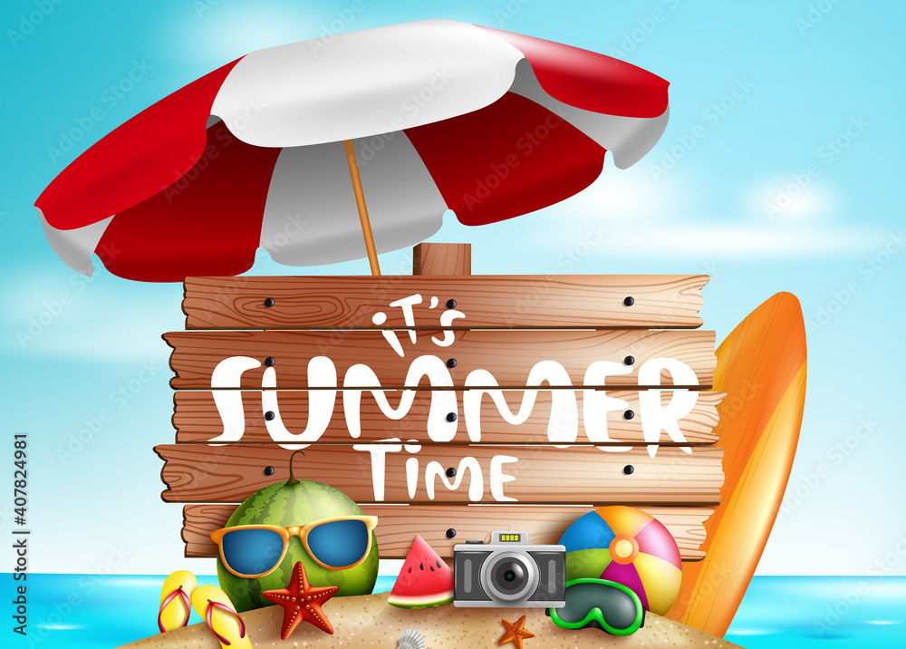 Summer time vector concept design. It's summer time text with beach ...