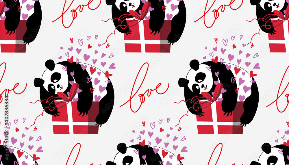 Cute pandas seamless pattern with hearts, gift boxes, lettering Love in ...