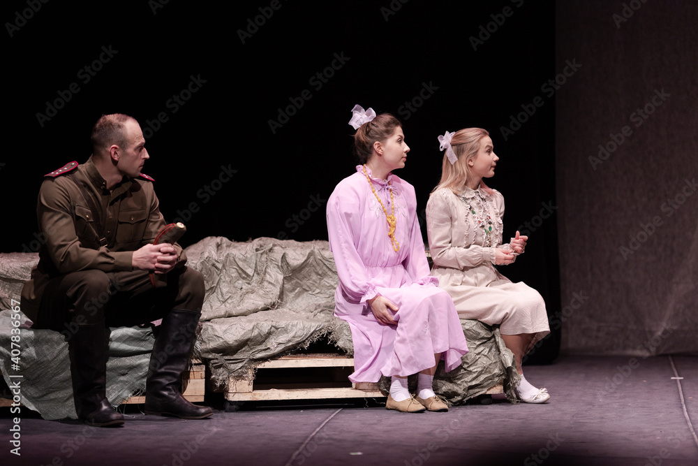 Actors in military uniforms of the Soviet army of World War II play a ...