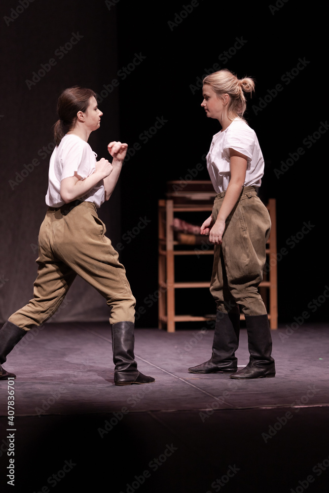 Actors in military uniforms of the Soviet army of World War II play a ...