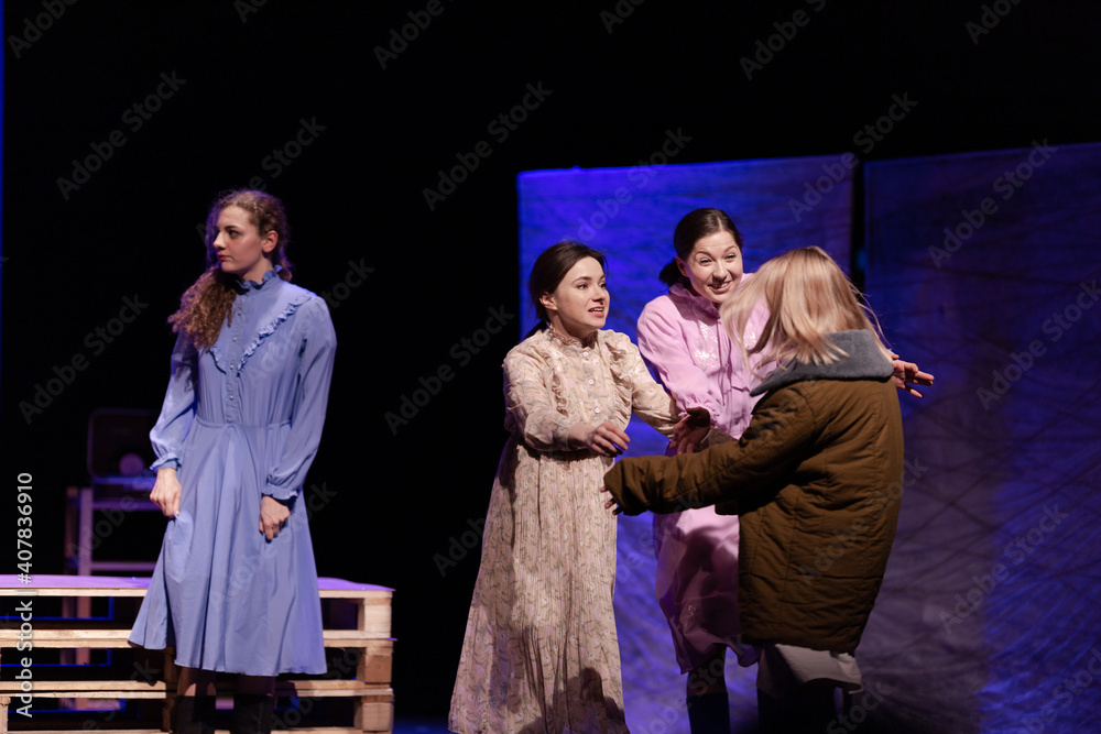 Actors in military uniforms of the Soviet army of World War II play a ...