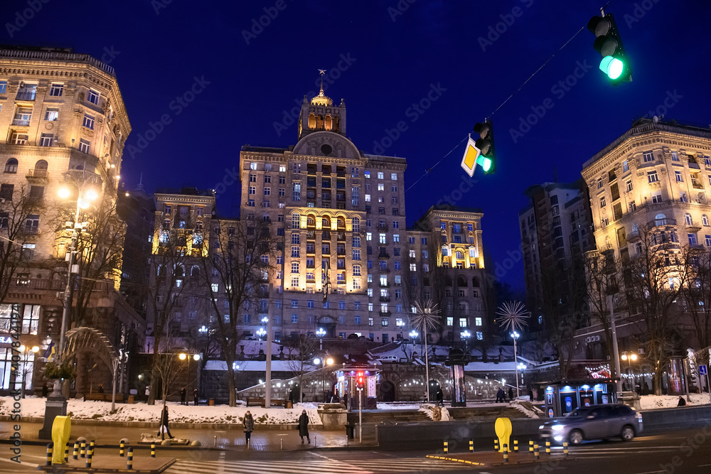 Evening view of illuminated Khreshchatyk, main street in Kyiv, Ukraine ...