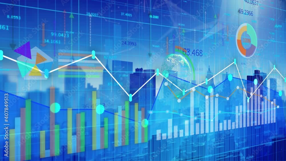 4K financial chart with tech city background;Business tech digital Data ...