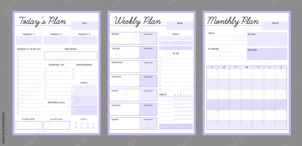 3 Set of Daily Weekly Monthly planner printable template (purple). Easy ...