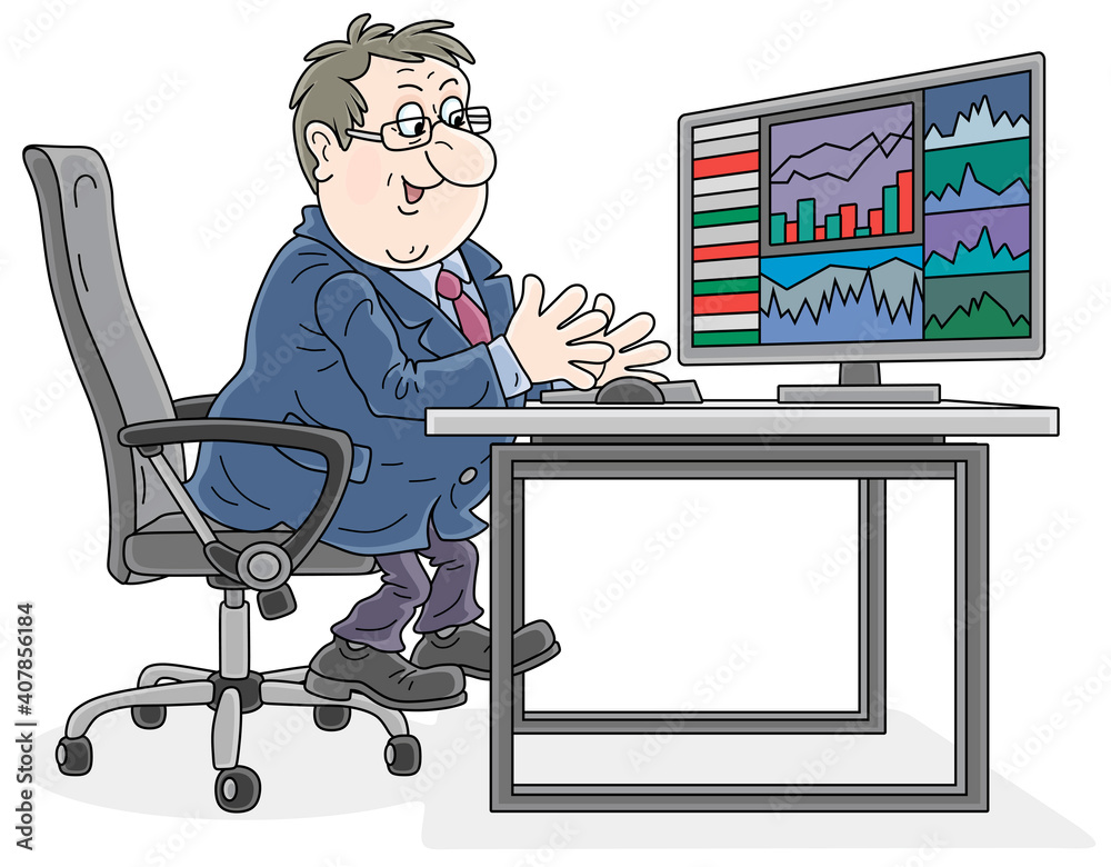 Trader watching a computer monitor with graphs and rates at his ...