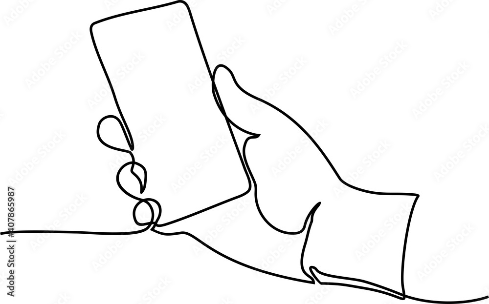 Continuous line drawing of hand using modern mobile phone. Continuous ...
