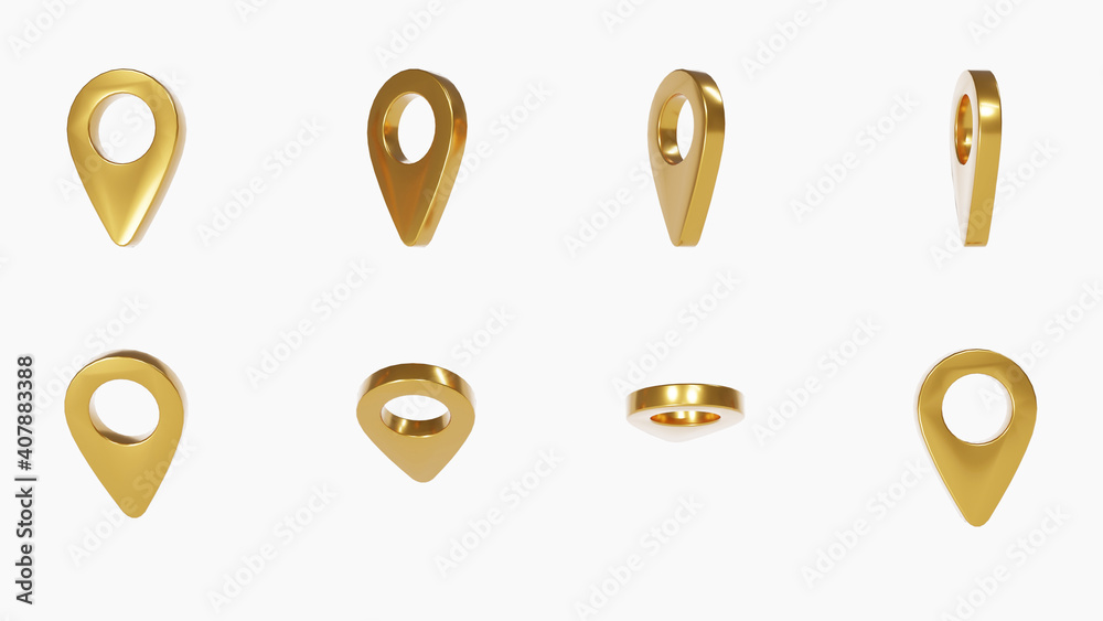 gold pin, location map pointer set on white background, marker symbols ...