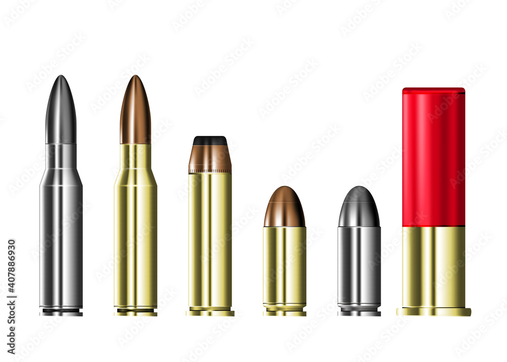 Cartridge cases with bullets, hunting and military ammunition, set of ...