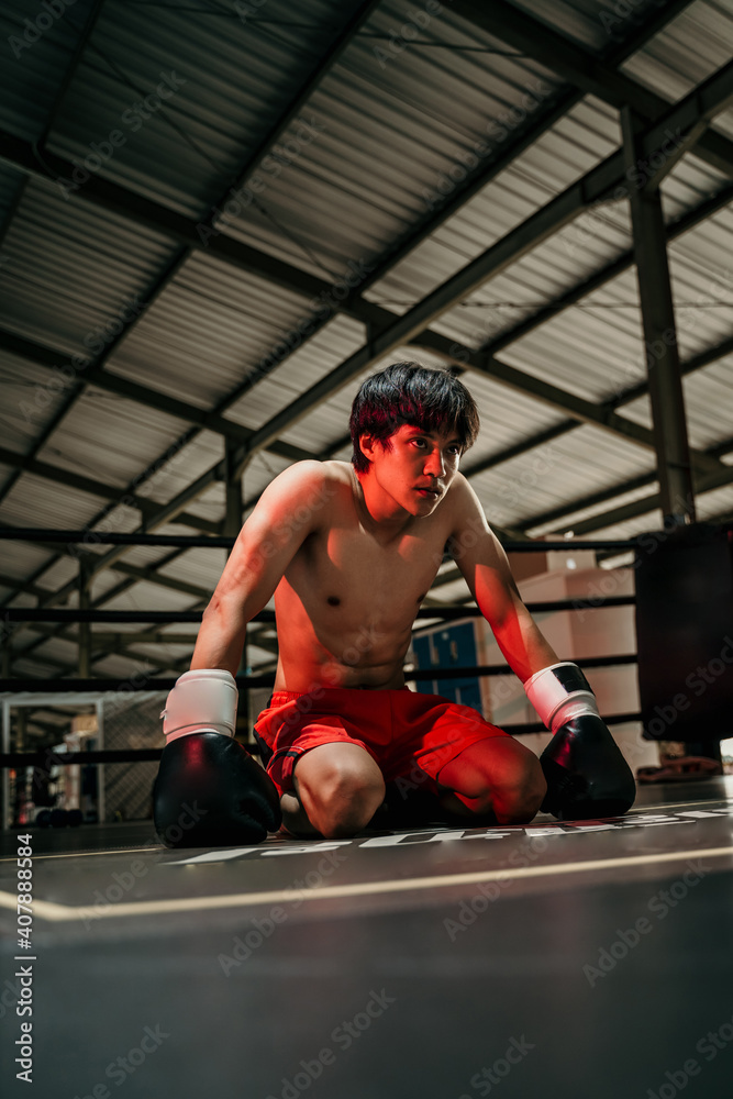 boxer fighter in boxing gloves sits on the floor of the ring Stock ...