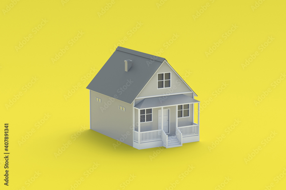 Gray house on yellow background. Real estate construction. Buying ...