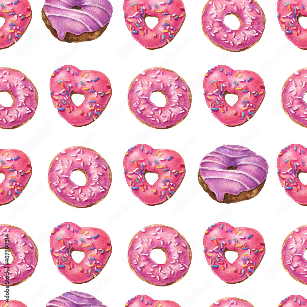 Watercolor donuts seamless pattern.Pink and violet donuts background ...
