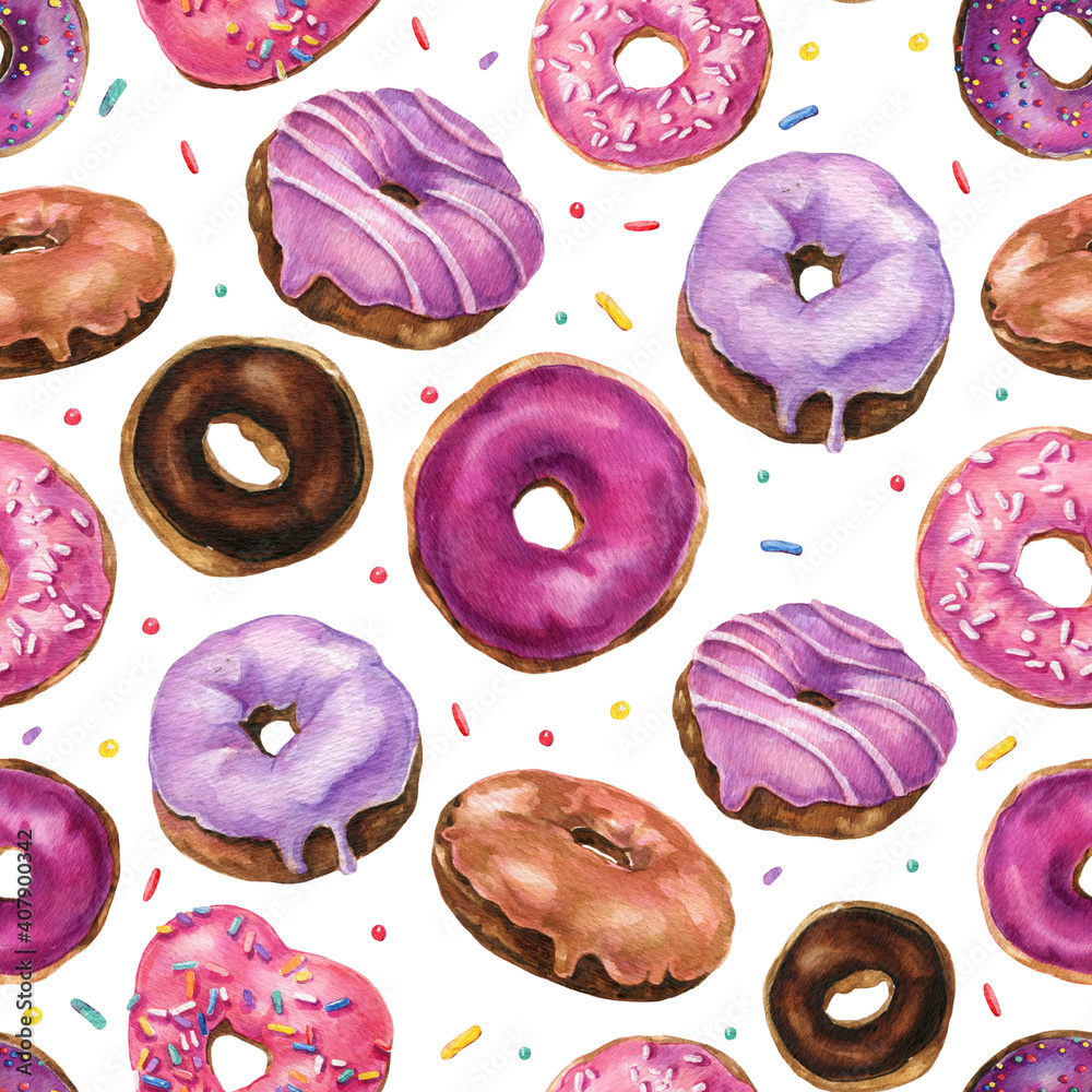 Watercolor donuts seamless pattern.Pink and violet donuts background ...