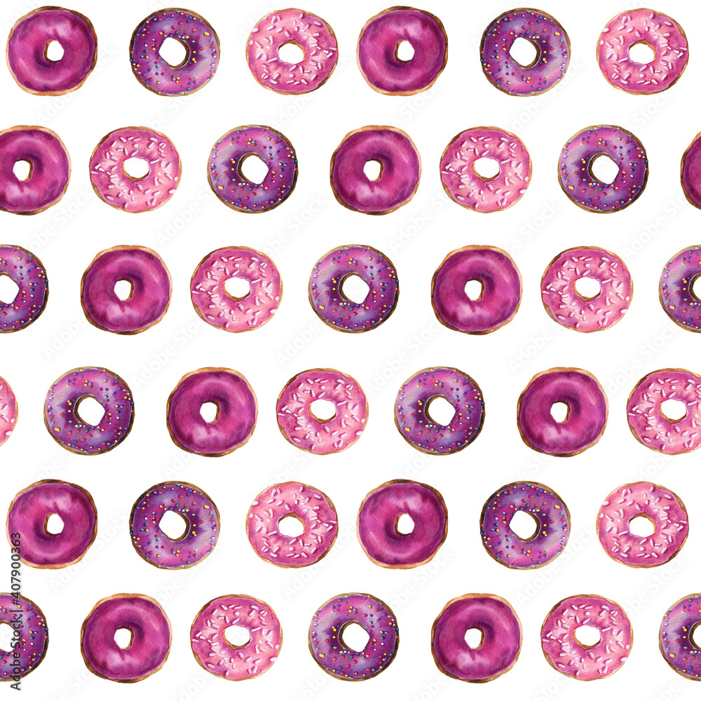 Watercolor donuts seamless pattern.Pink and violet donuts background ...