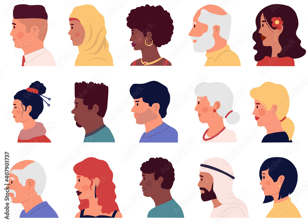 Character profiles. Cartoon people face side portraits. Different ...