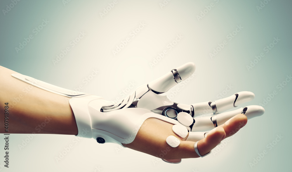 Robotic bionic hand connected with human hand. Stock Illustration ...