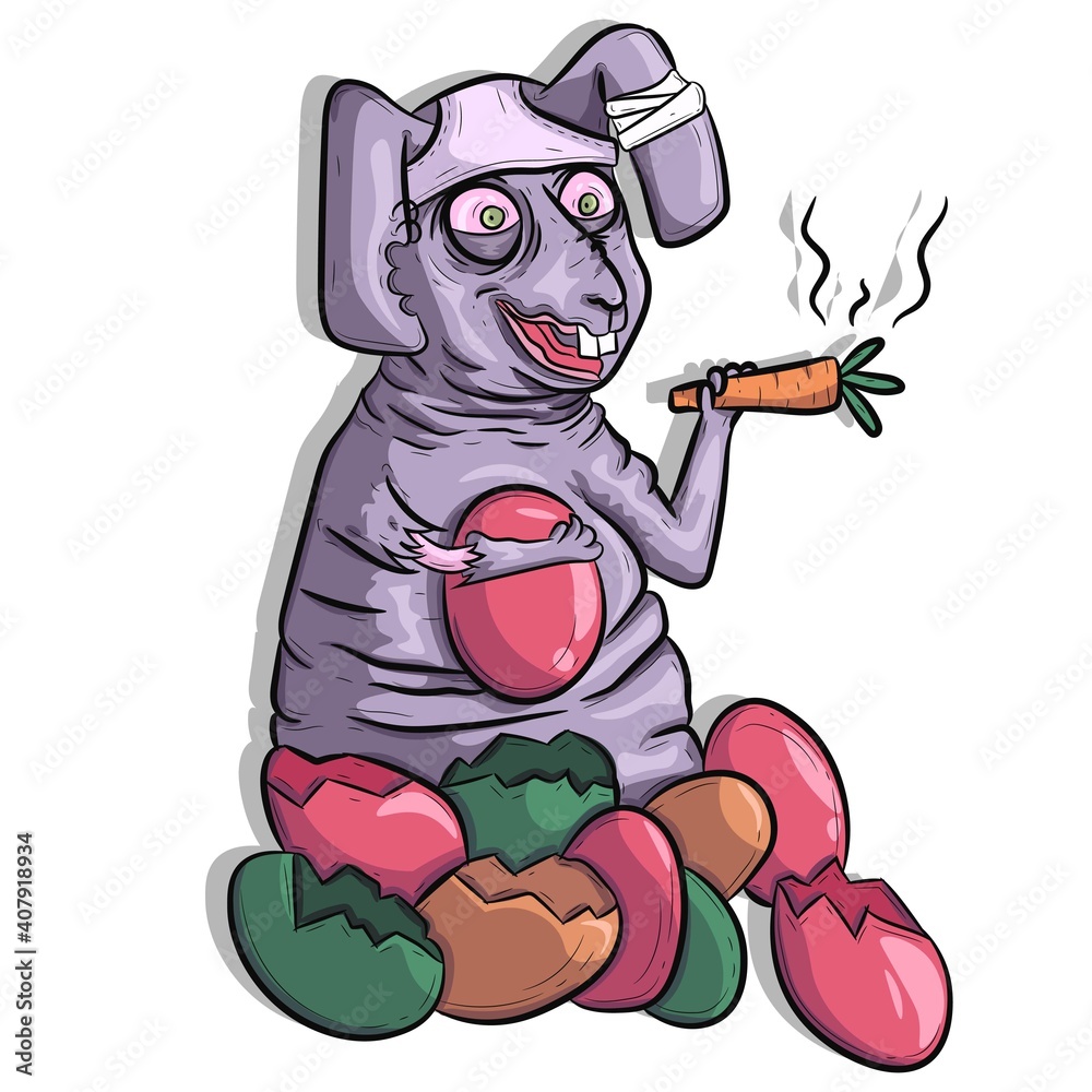 Fat Easter bunny sitting, smoking a carrot and drinking eggs. Funny ...