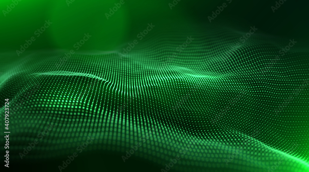 Abstract green particle background. Flow wave with dot landscape ...
