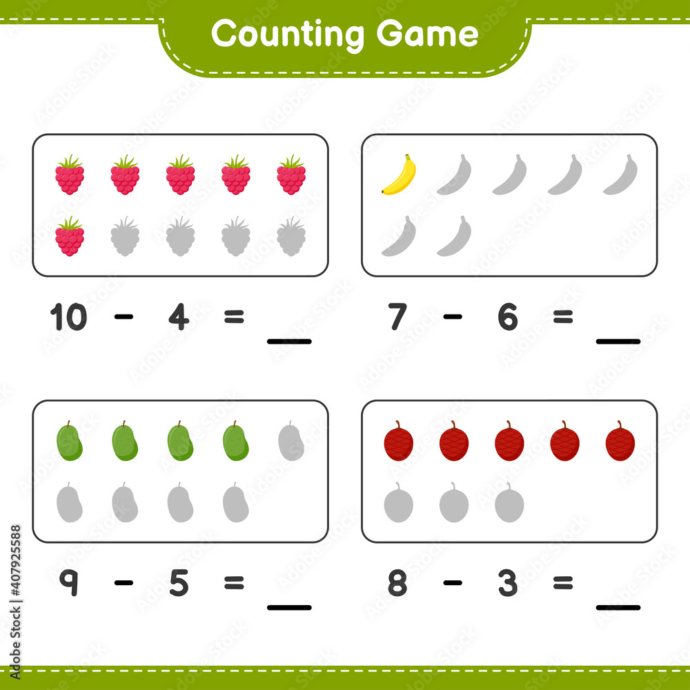 Counting game, count the number of Fruits and write the result ...