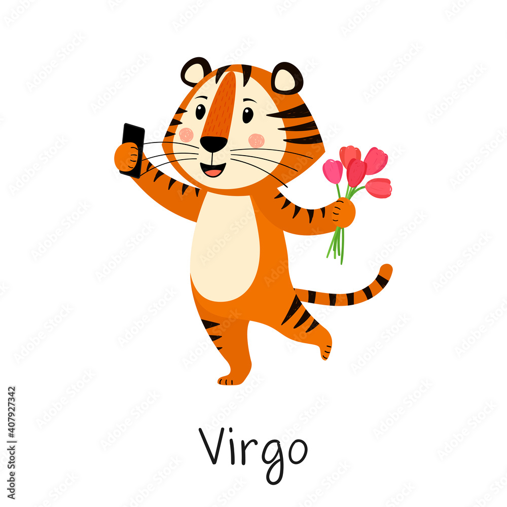 The zodiac sign Virgo. Cute tiger with flowers takes a selfie. Concept ...