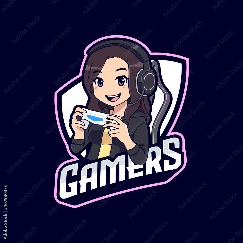 Cute twitch streamer gamer girl with hoodie emblem logo template Stock ...