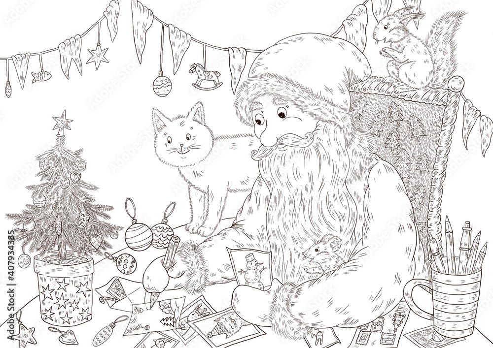 Santa Claus signs Christmas cards. Coloring. Black and white digital ...