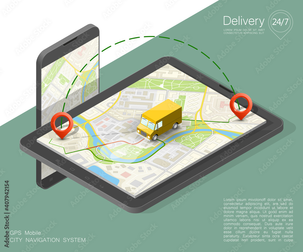 Isometric city map navigation phone point delivery van, app isometric ...