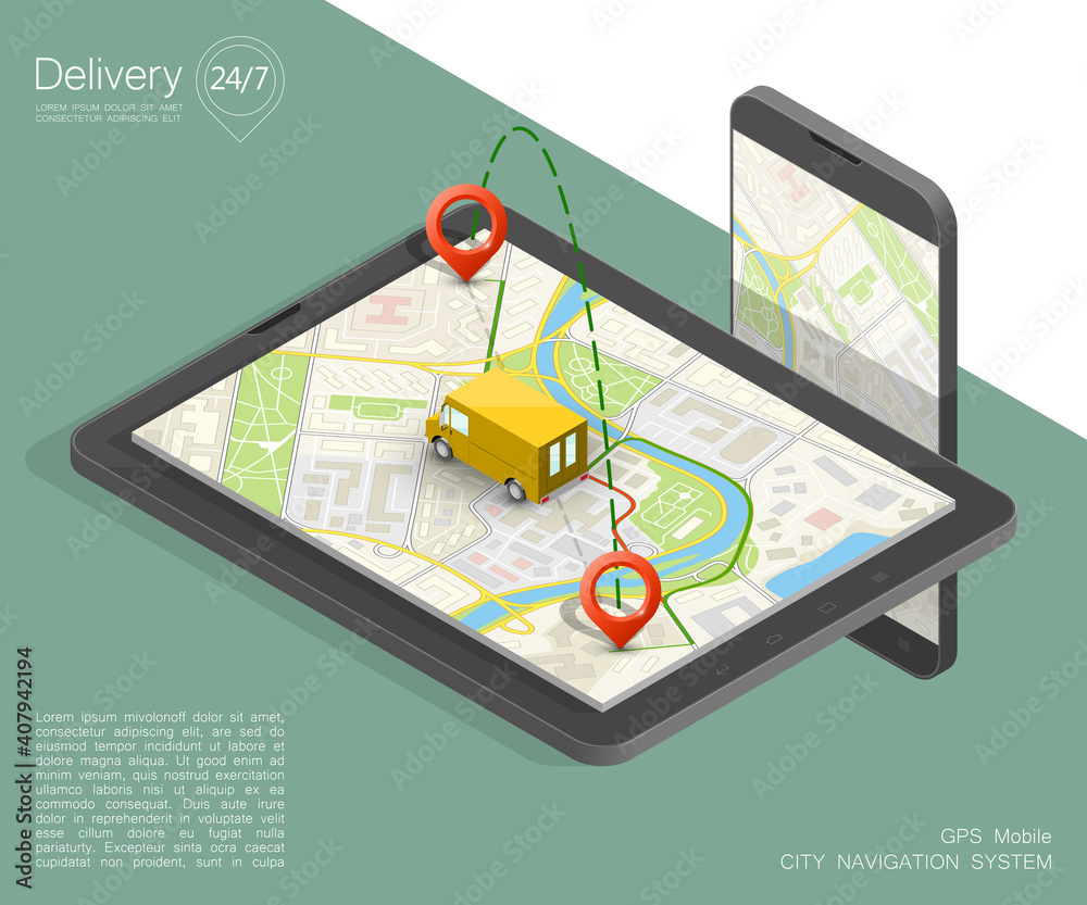 Isometric city map navigation phone point delivery van, app isometric ...