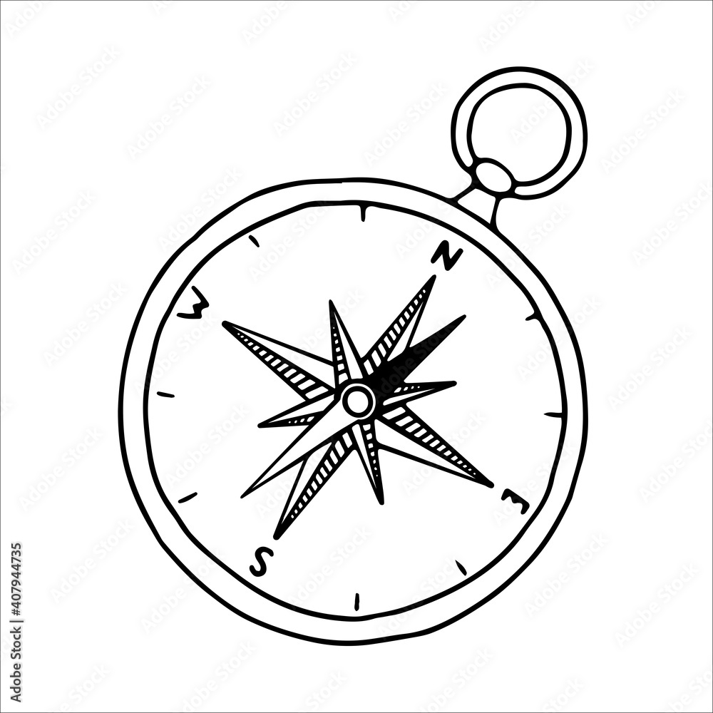 Outline image of a compass. Hand drawn doodle illustration, black image ...
