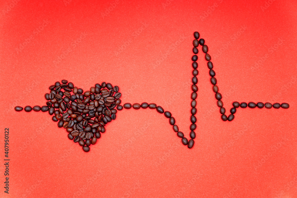 Heart symbol and a heart rate line made of roasted coffee beans ...