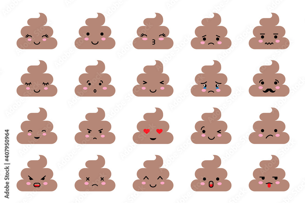 Vetor de Set of shit shaped emoji with different mood. Kawaii cute poop ...