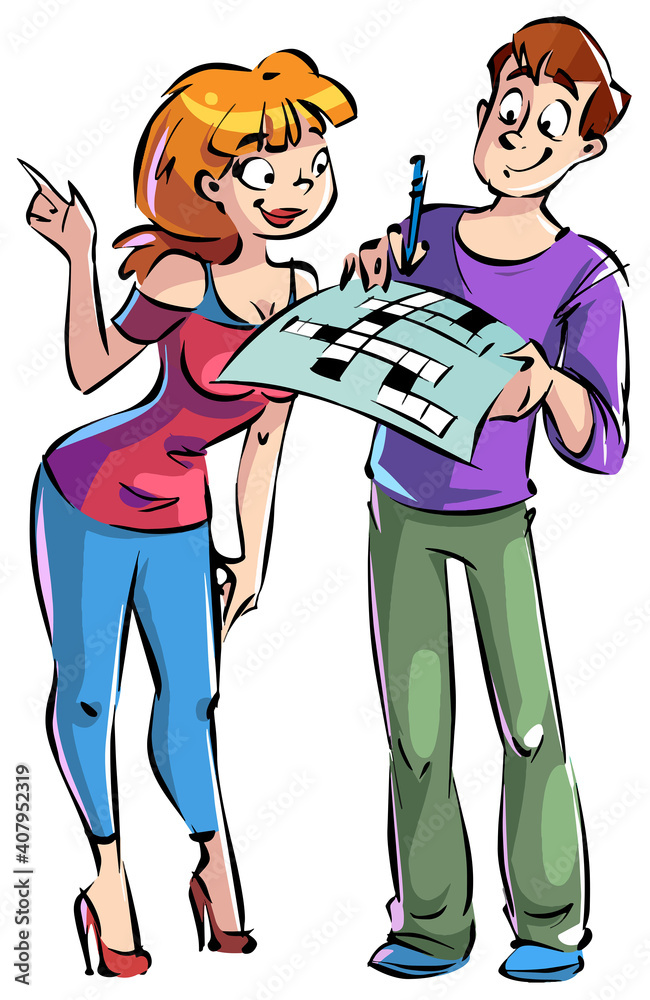 Funny cartoon of a couple solving a crossword puzzle Stock Vector ...