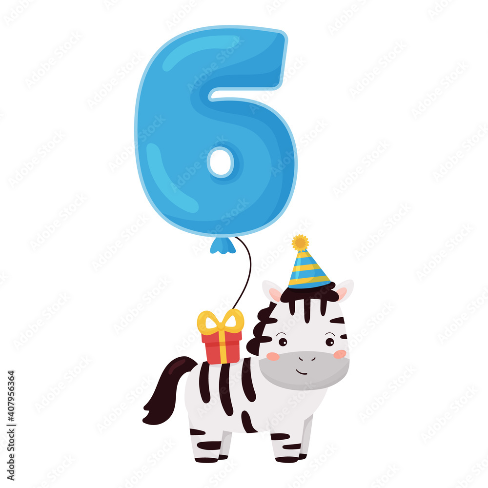 Funny cartoon zebra with present and number balloon - six. Vector ...