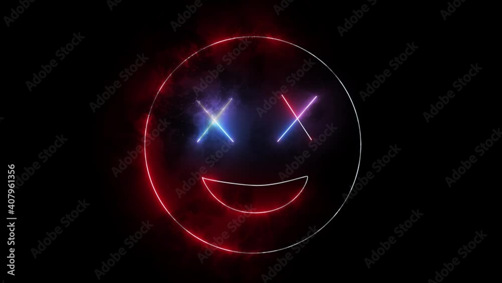 Neon burning emoji face, smiling sign. Web character with neon, glowing ...