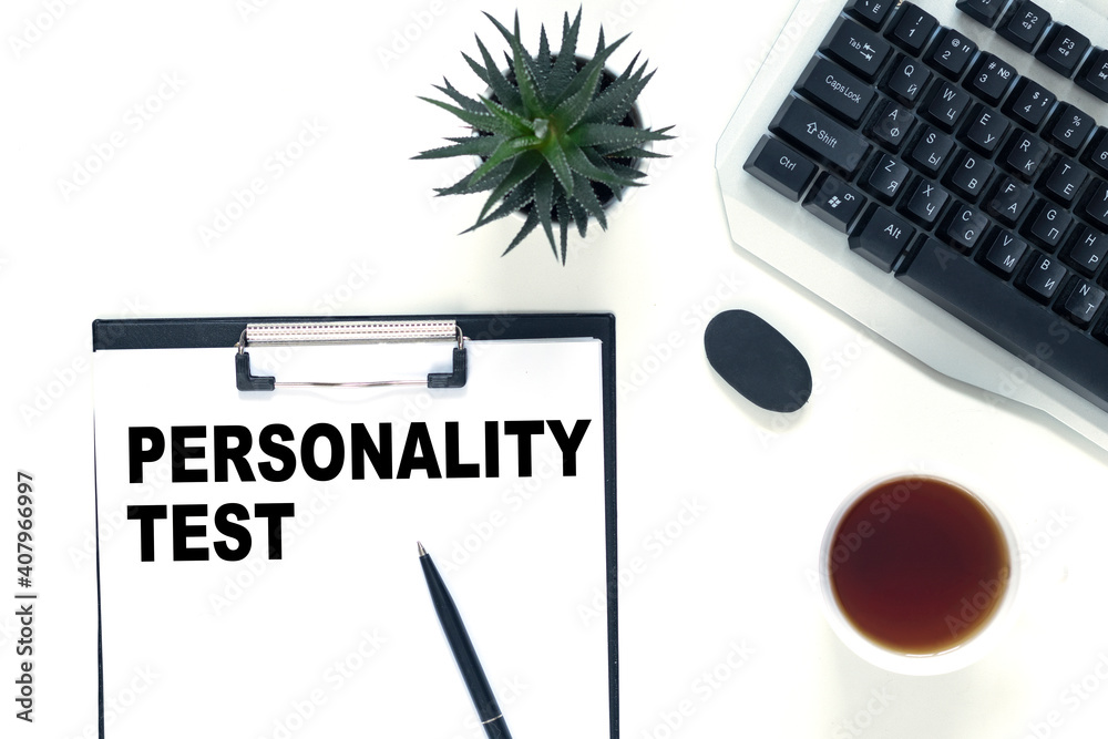 Clipboard with personality test on an office desk. Assessments and ...