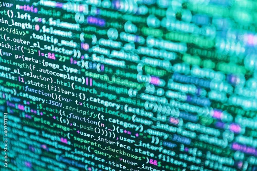 Screen of web developing php code on dark background. Binary code digital technology background ...