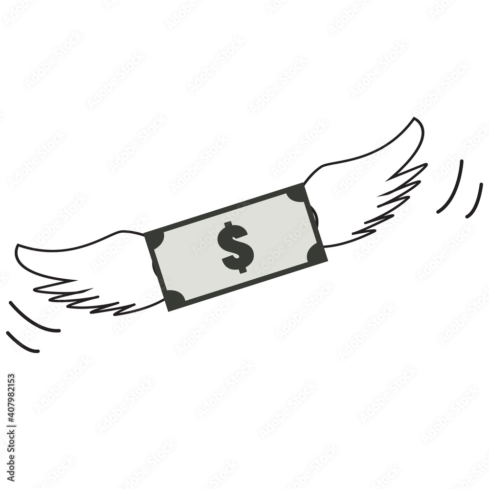 dollar bill with wings icon on white background. flying money sing ...
