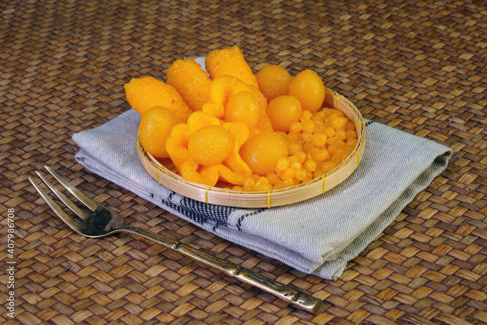 Thai desserts : Three mixed of Golden Thai sweetmeat drops (Thong Yod), Golden sweet egg floss ...