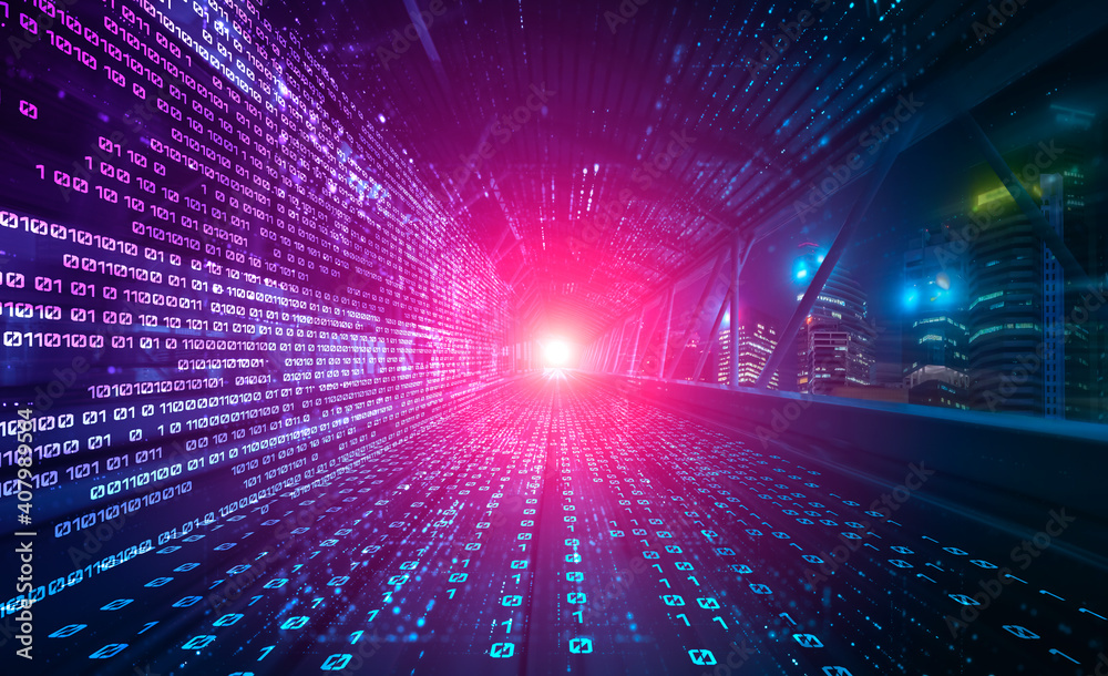 Digital data flow on road with motion blur to create vision of fast ...