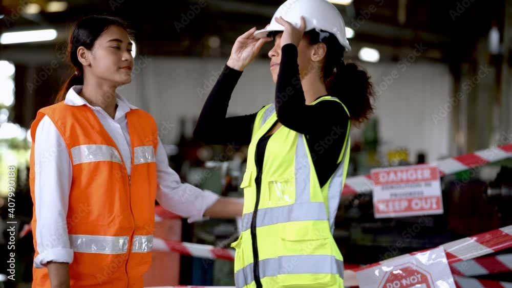 worker women talking in feeling bad and upset and standing in front of ...