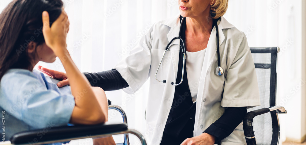 Senior woman doctor wearing uniform with stethoscope discussing and ...