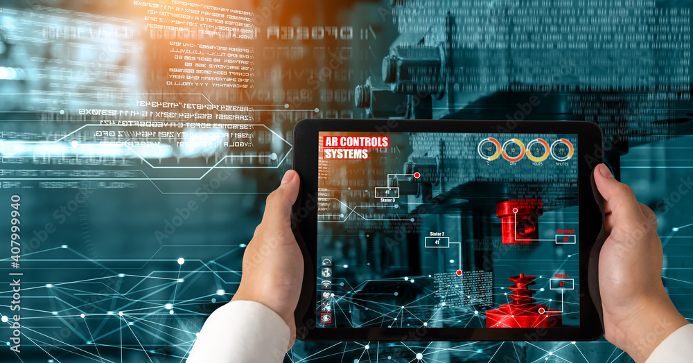 Engineer use augmented reality software in smart factory production ...