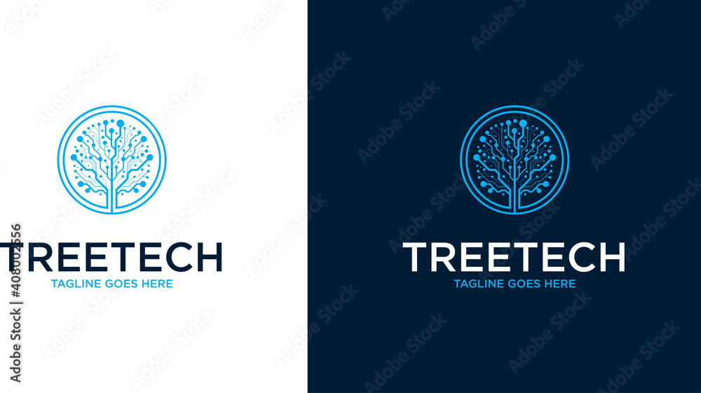 Tree tech Network connection creative vector logo. Digital tree ...