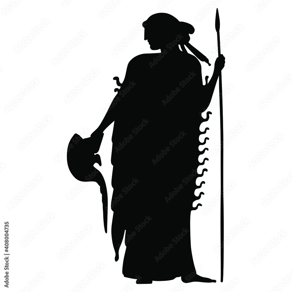 Silhouette of standing ancient Greek goddess Athena or Minerva with ...