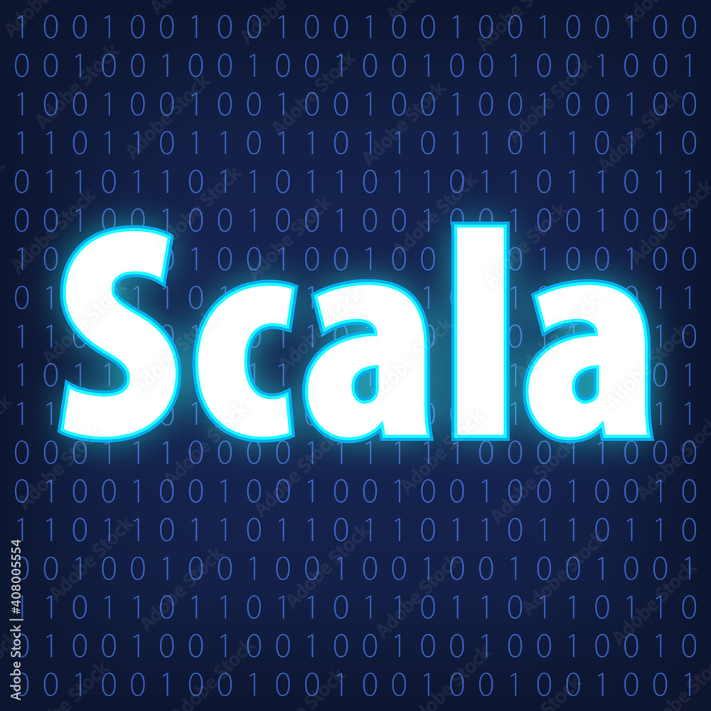 Machine code languages in neon style. Programming languages concept in blue. Language Scala on ...