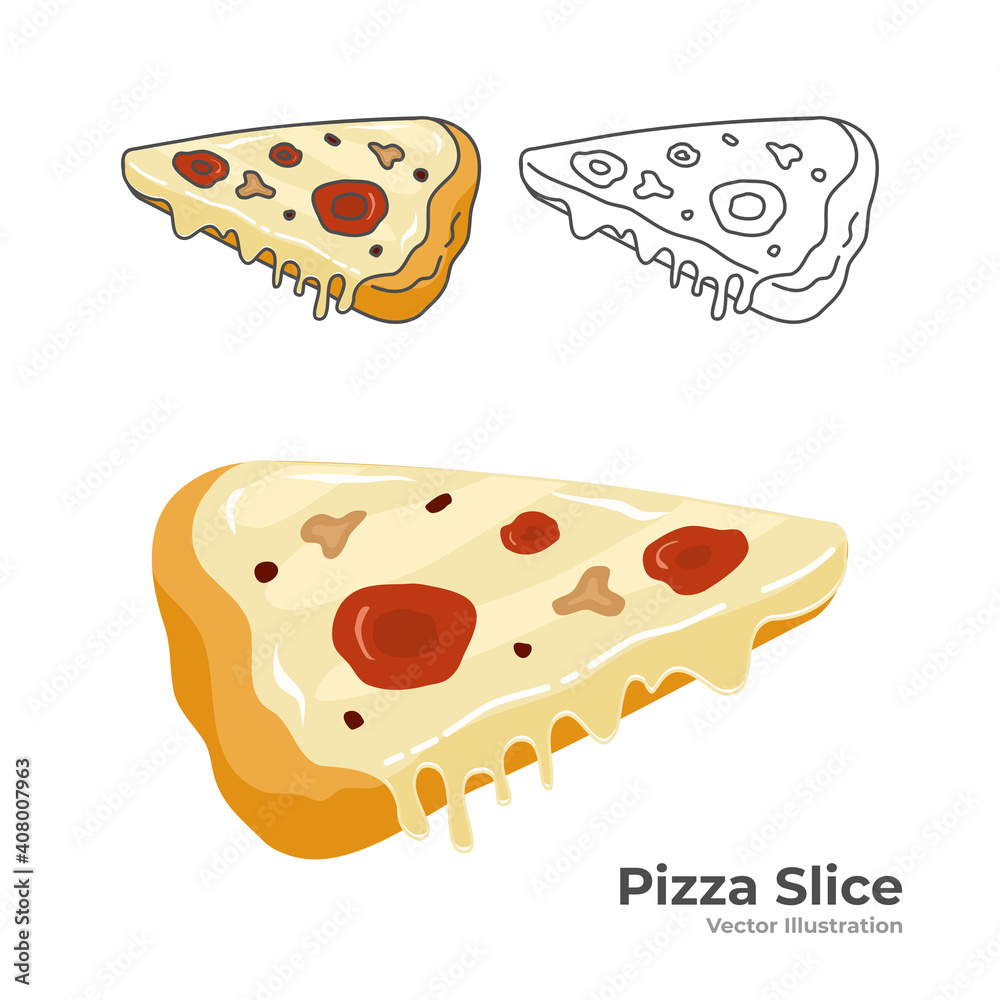 Food Vector Illustration of cheese pizza slice with 3 variation style ...