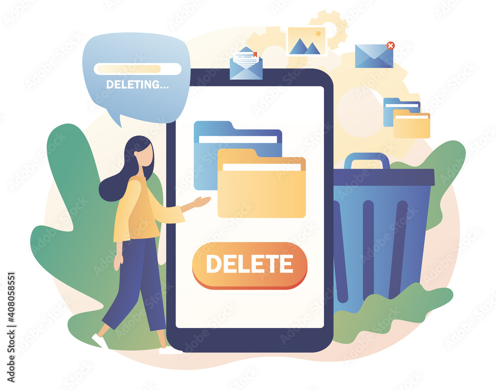 Tiny woman deleting data on smartphone. Move unnecessary files to the ...