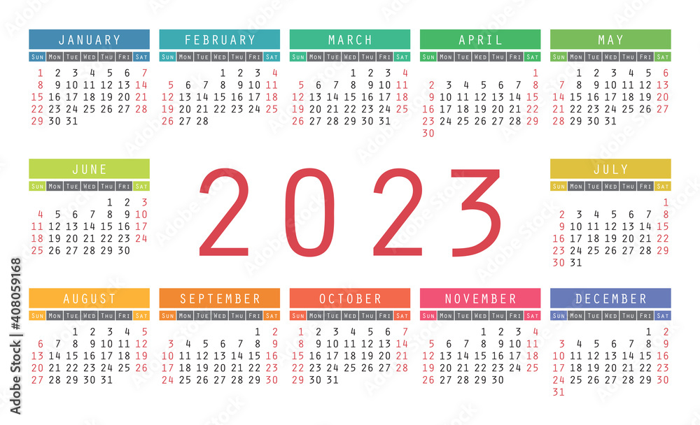 Calendar 2023 year. English colorful vector horizontal wall or pocket ...