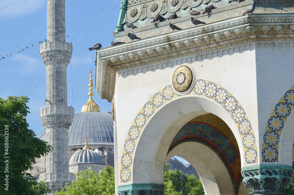 German Fountain and Sultanahmet Mosque (Blue Mosque) details in ...
