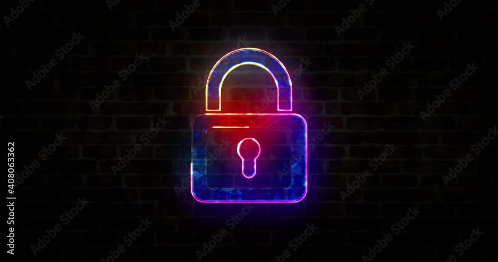 Cyber security with padlock symbol, computer protection and system safety neon sign on brick ...