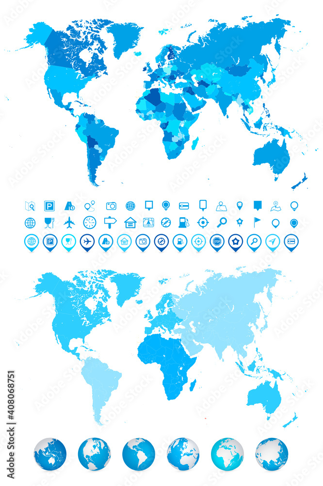 World Map, Globes, Continents and navigation icons Stock Vector | Adobe ...